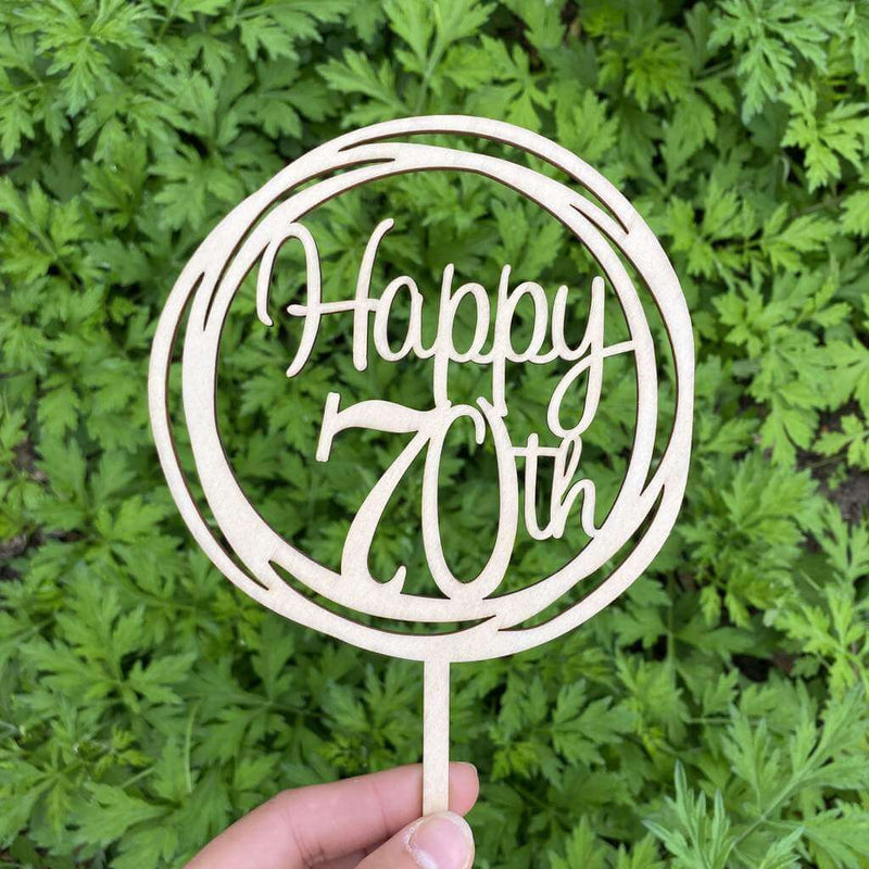 Wooden Geometric Circle Happy 70th Cake Topper - Online Party Supplies
