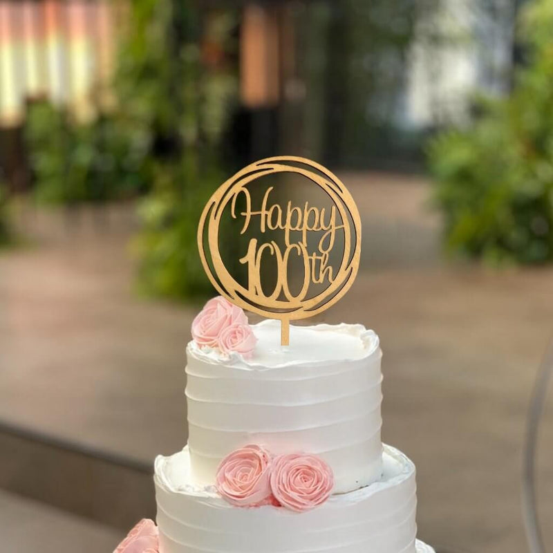 Wooden Geometric Circle 'Happy 100th' Birthday Cake Topper