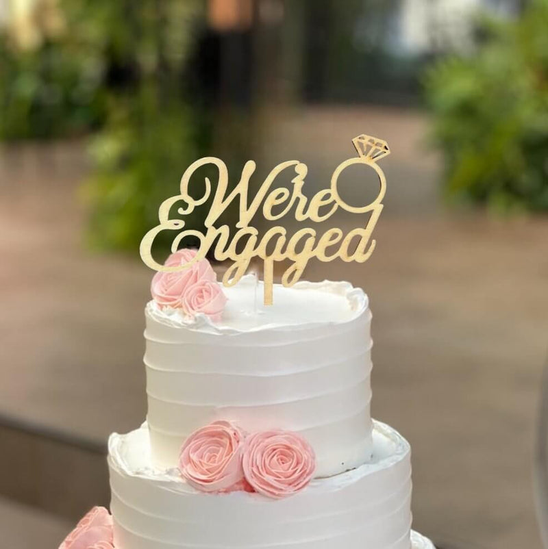Wooden We're Engaged Diamond Ring Cake Topper